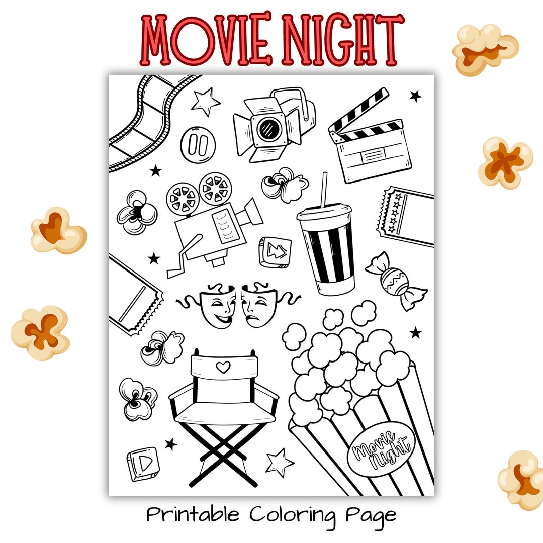Printable Movie Night Coloring Page, Cinema Coloring Page for Kids and ...