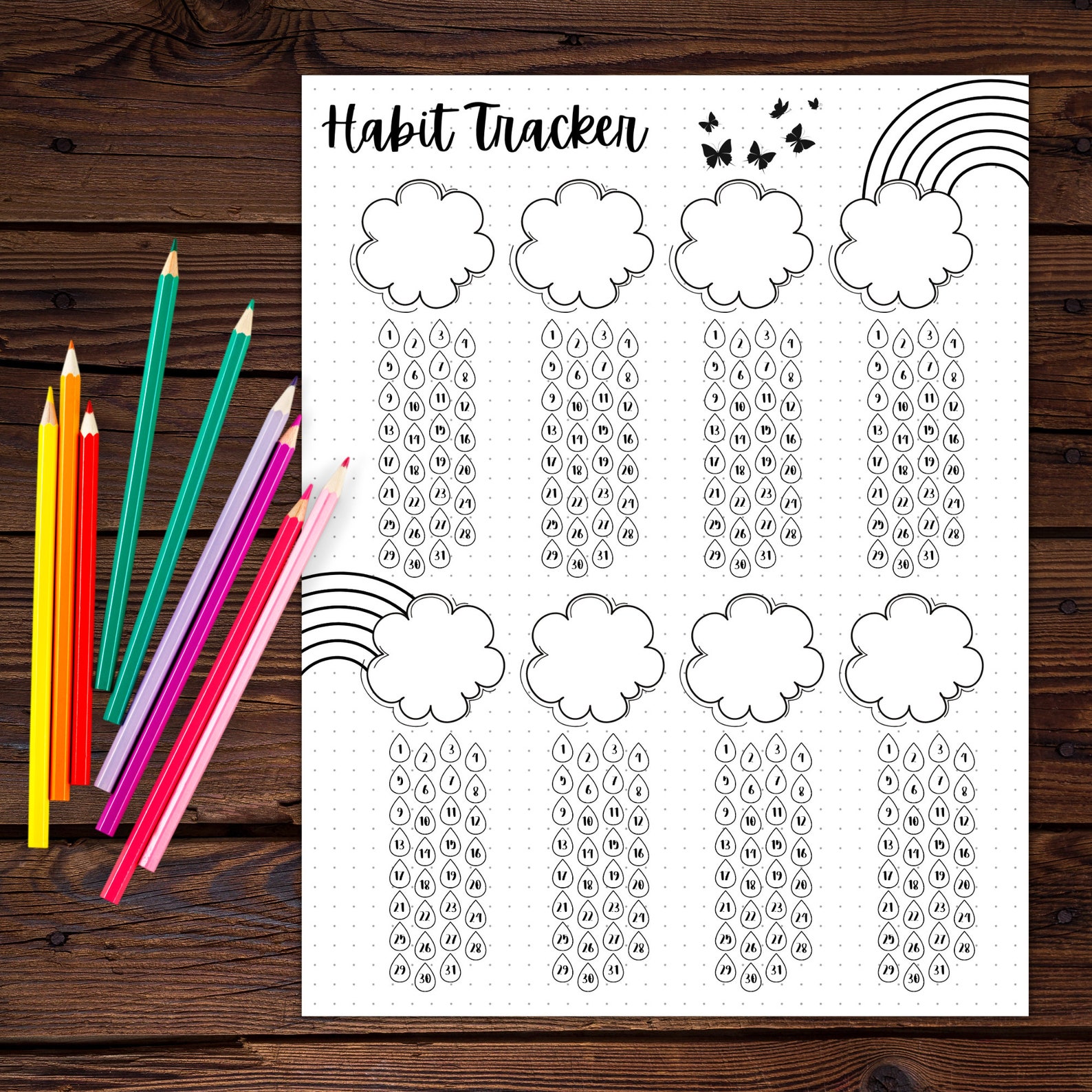 Printable Bullet Journal Habit Tracker, Rainbow Theme Monthly Goal ...