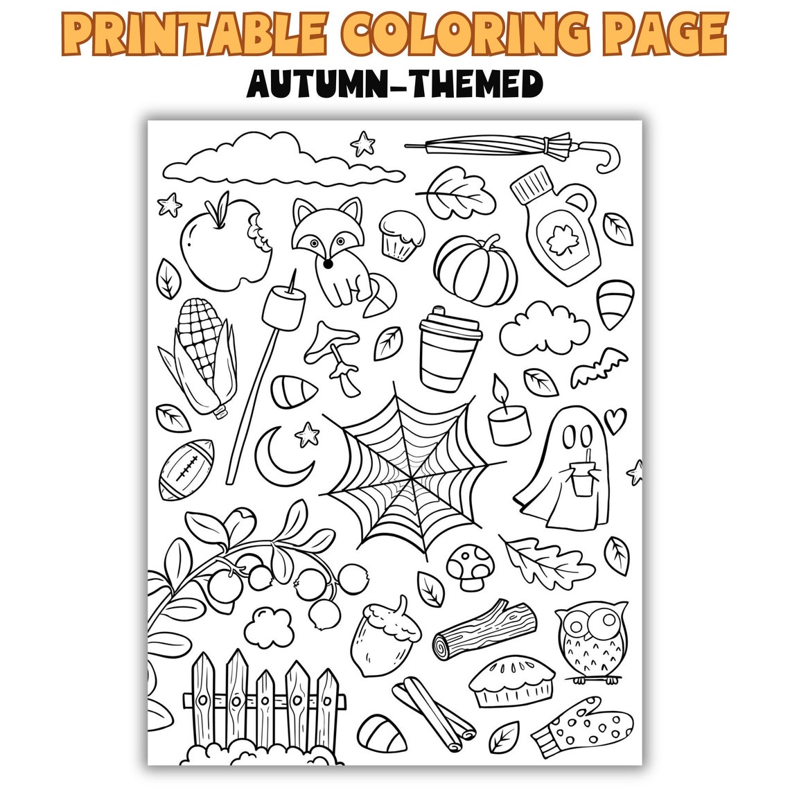 Autumn-themed Doodle Coloring Page, Printable Instant Download ...