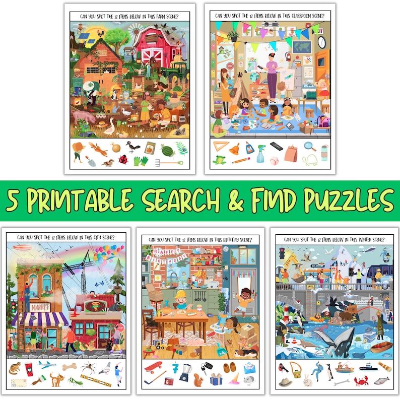 Search & Find Printable Puzzles for Kids, 5 Hidden Picture Games, Fun ...
