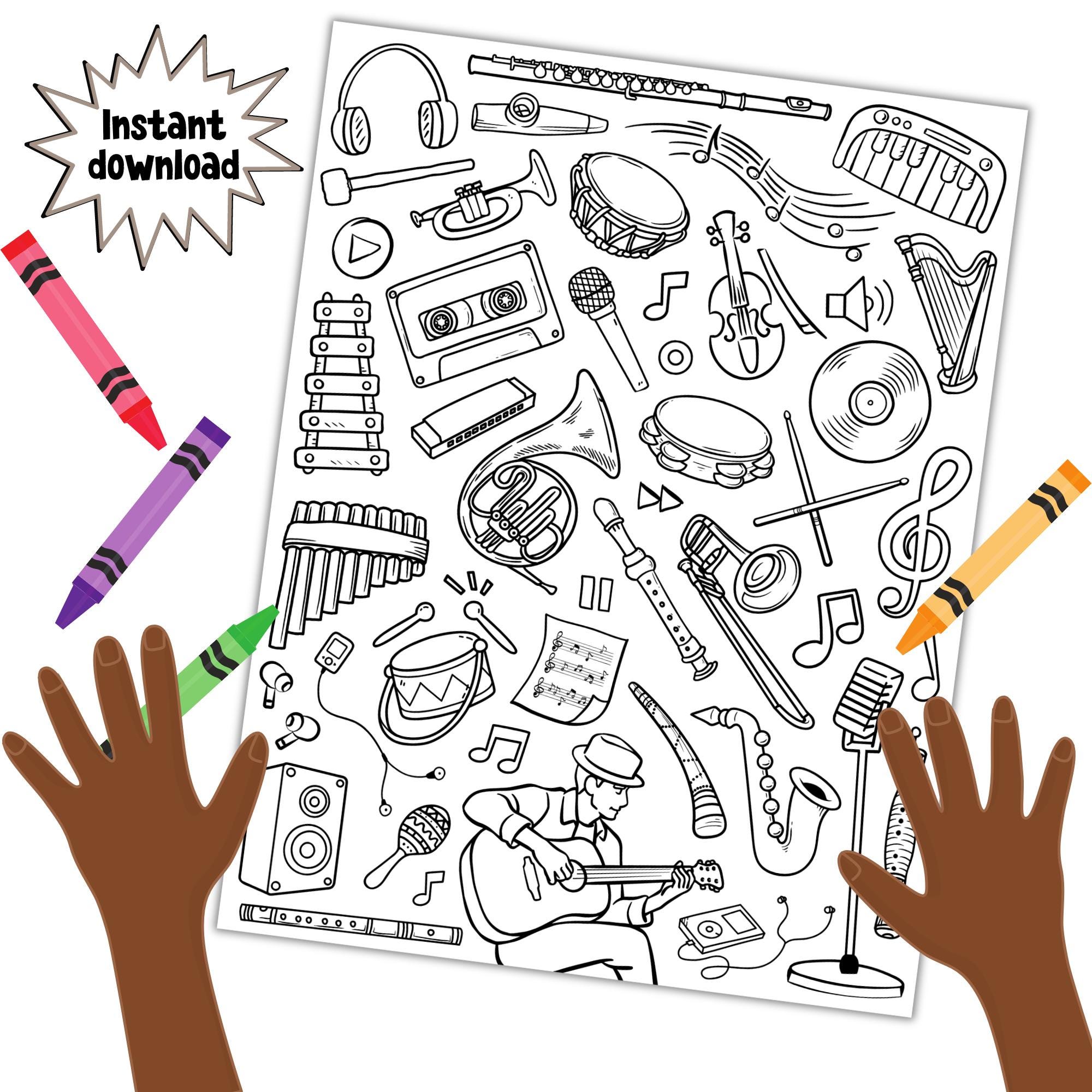 Music Themed Printable Coloring Page, Fun and Relaxing Musical Art ...