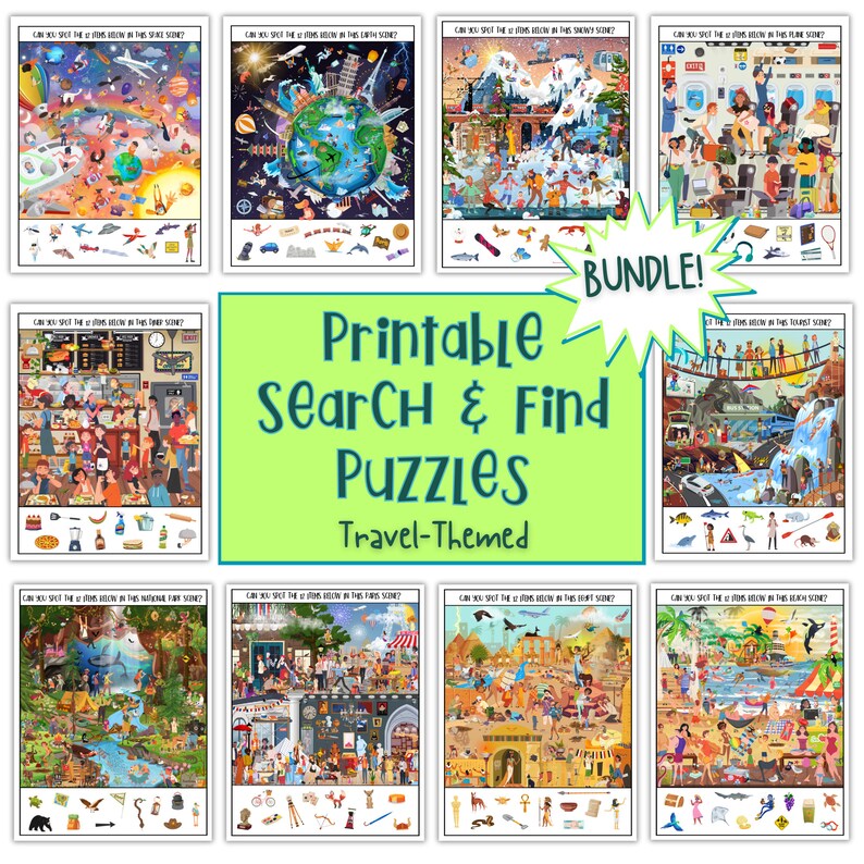 Search & Find Bundle, Printable Puzzles for Kids, Travel Themed I Spy ...