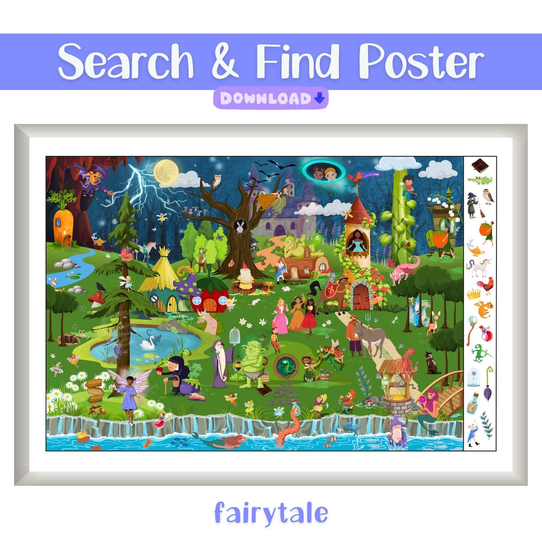 Fairytale Wall Art, Printable Search and Find Poster, Kids Room Decor ...