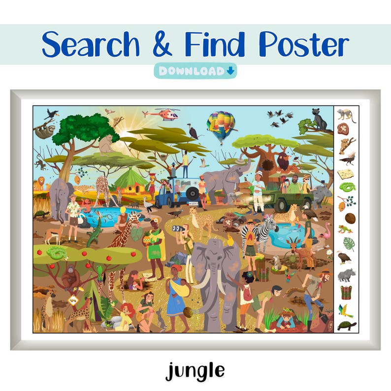 Jungle Search and Find, Printable Playroom Poster, Classroom Wall Art ...