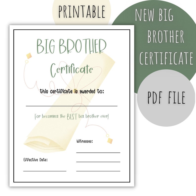 New Big Brother, Printable Certificate, Gift for Big Brother, Baby ...