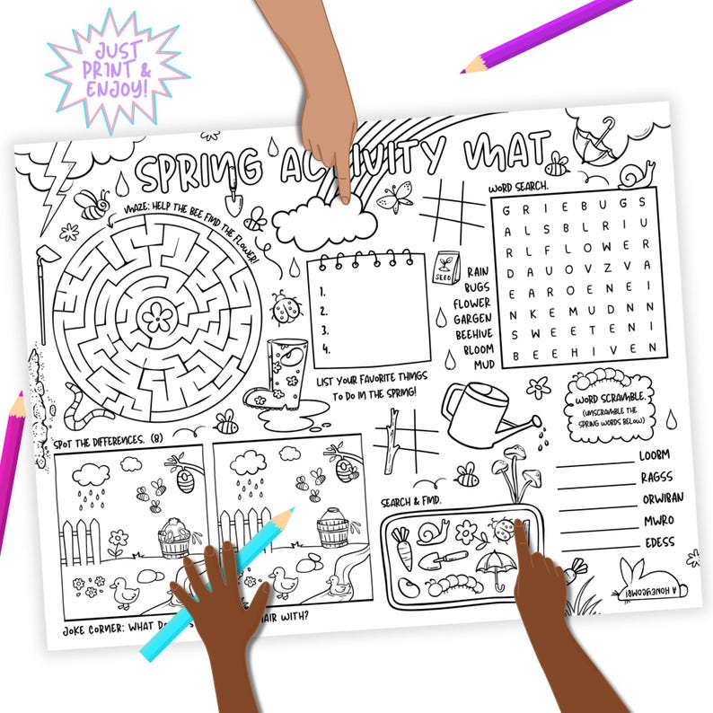 Spring Activity Mat Printable for Kids, Classroom Placemat, Maze, Word ...