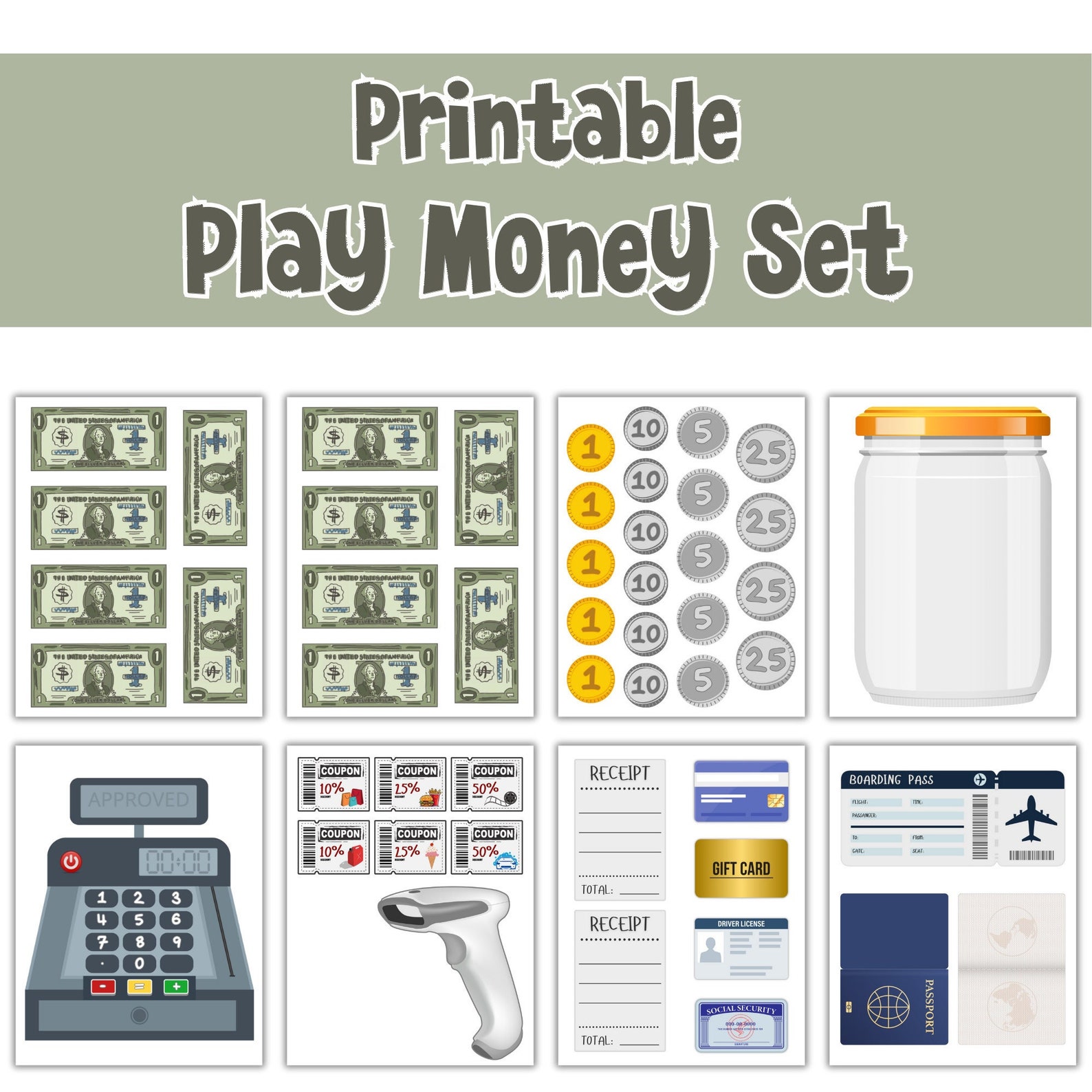 Printable Play Money Set for Kids, Educational and Imaginative Play ...