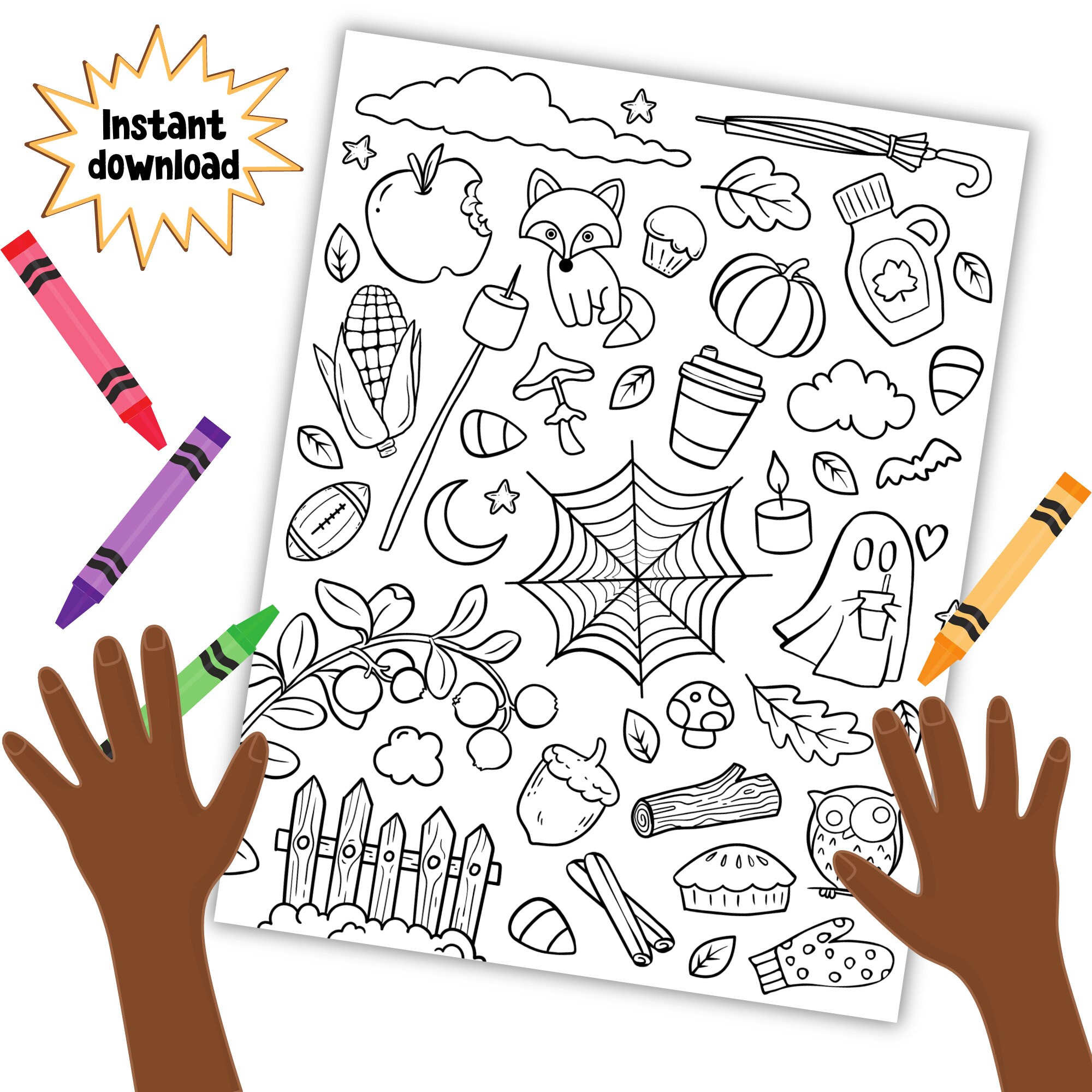 Autumn-themed Doodle Coloring Page, Printable Instant Download ...