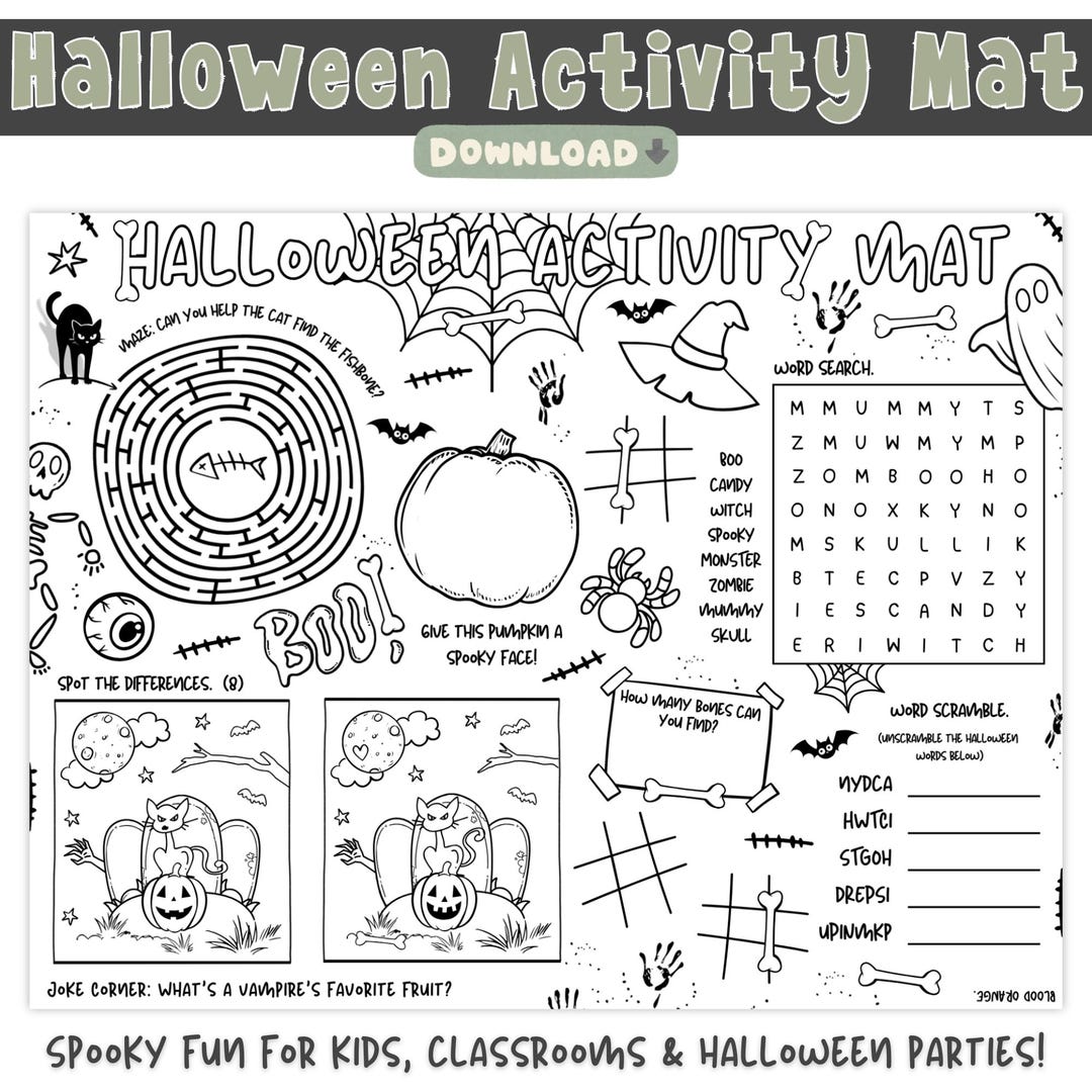Halloween Activity Placemat Printable PDF for Kids, Fun Halloween Games ...