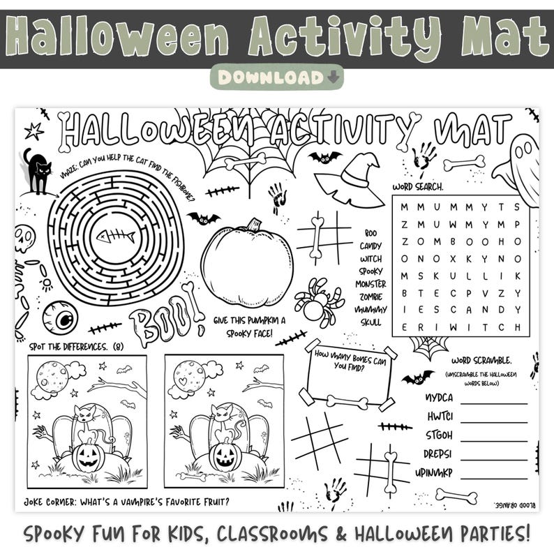 Halloween Activity Placemat Printable PDF for Kids, Fun Halloween Games ...