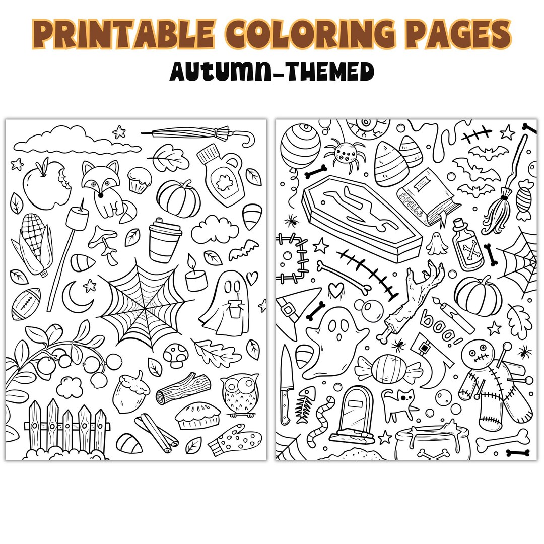 Fall Doodle Printable Coloring Pages, Set of 2 Autumn & Halloween ...