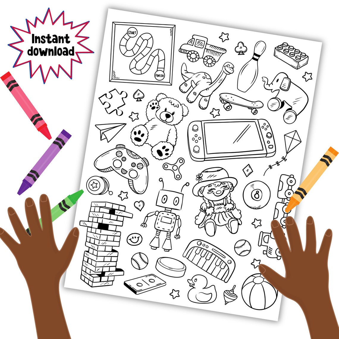 Toy & Game Themed Printable Coloring Page, Activity for Kids, Instant ...