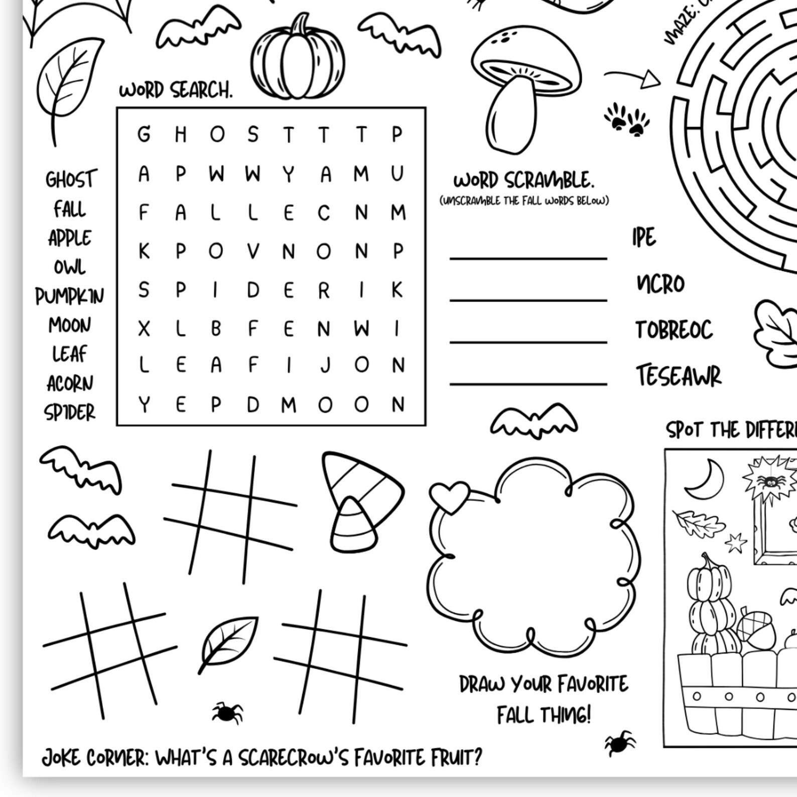 Printable Fall Placemat for Kids, Fun Activity Mat With Maze, Word ...