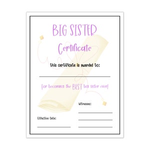 New Big Sister, Printable Certificate, Gift for Big Sister, Baby ...