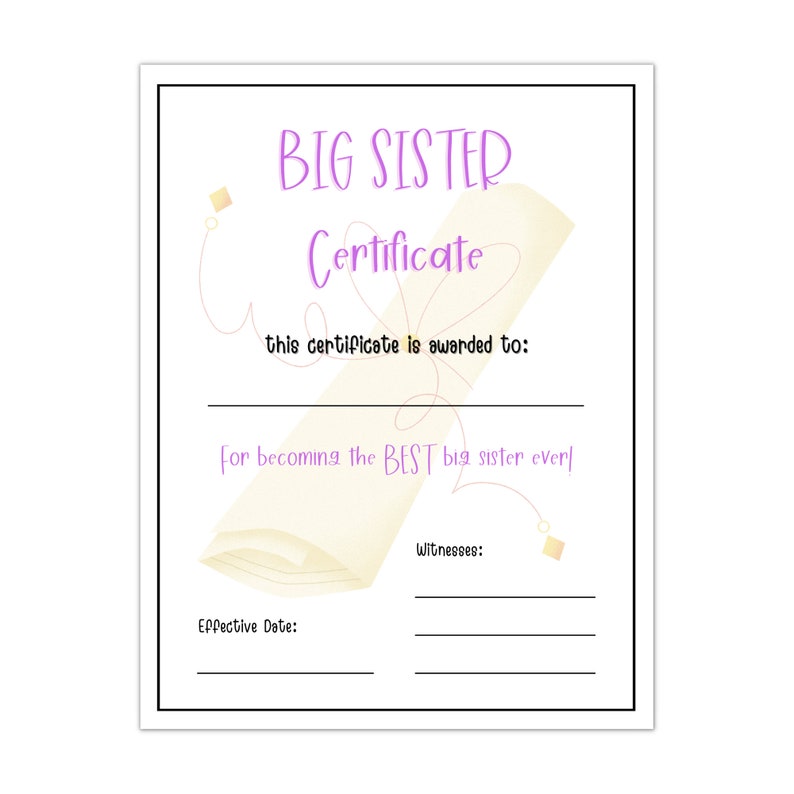 New Big Sister, Printable Certificate, Gift for Big Sister, Baby ...