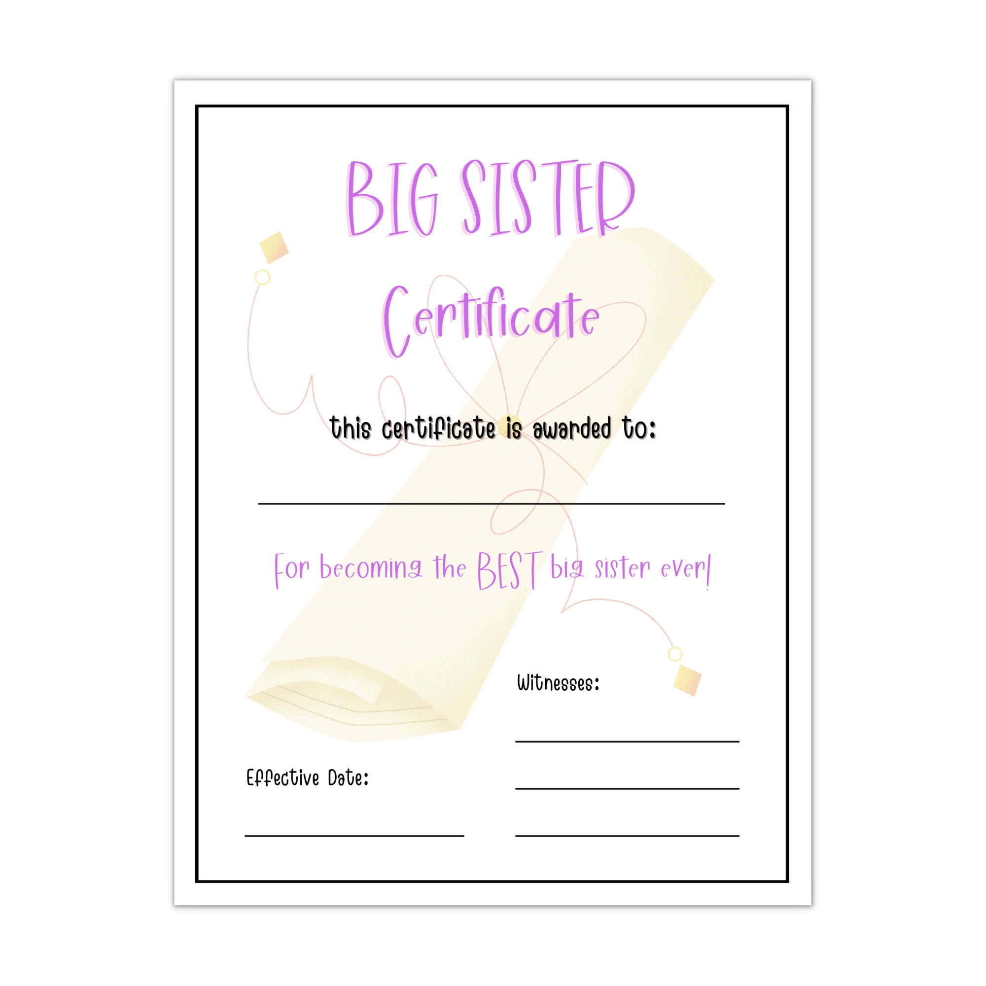 New Big Sister, Printable Certificate, Gift for Big Sister, Baby ...