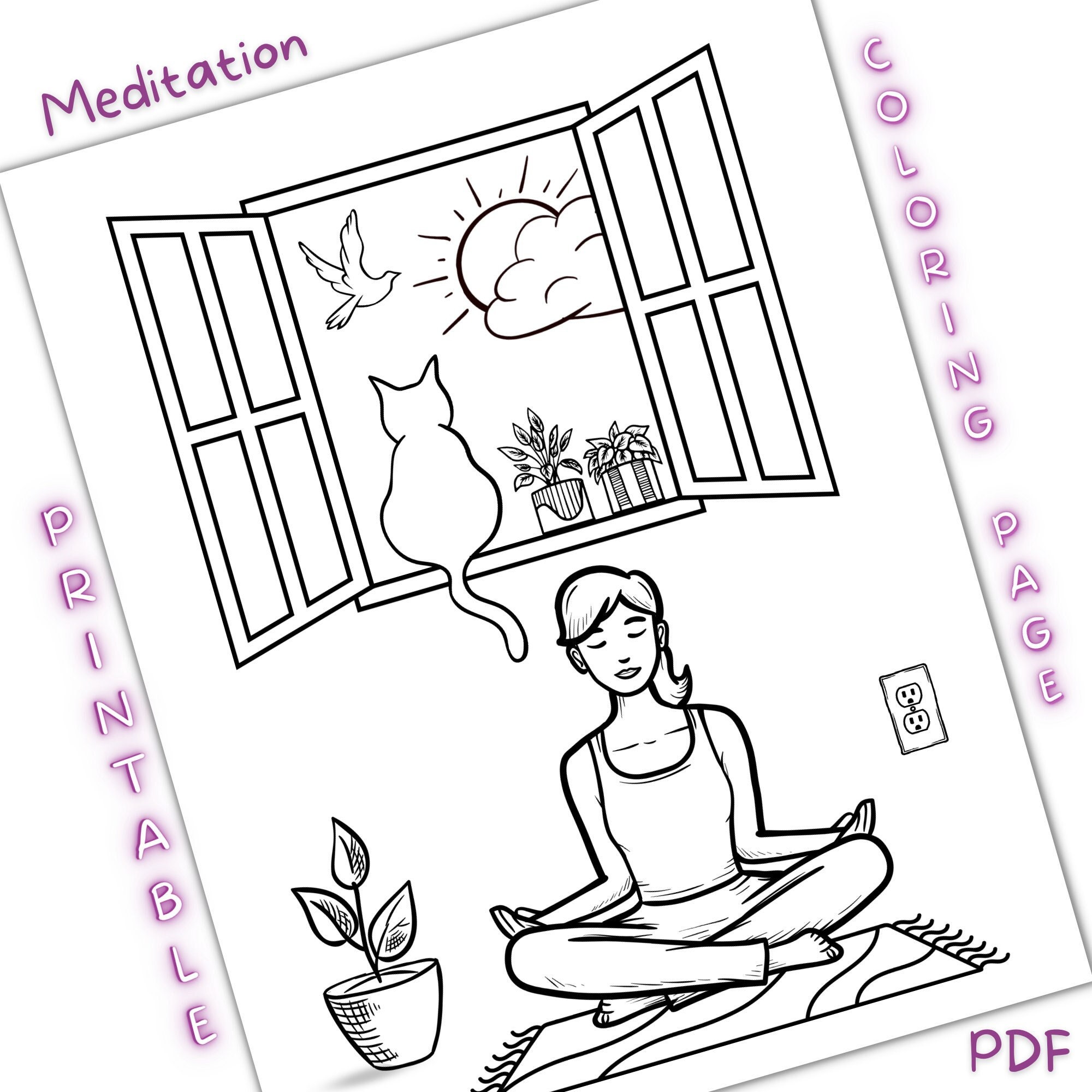 Meditation Coloring Page, 1 Printable Meditation Coloring Sheet for ...