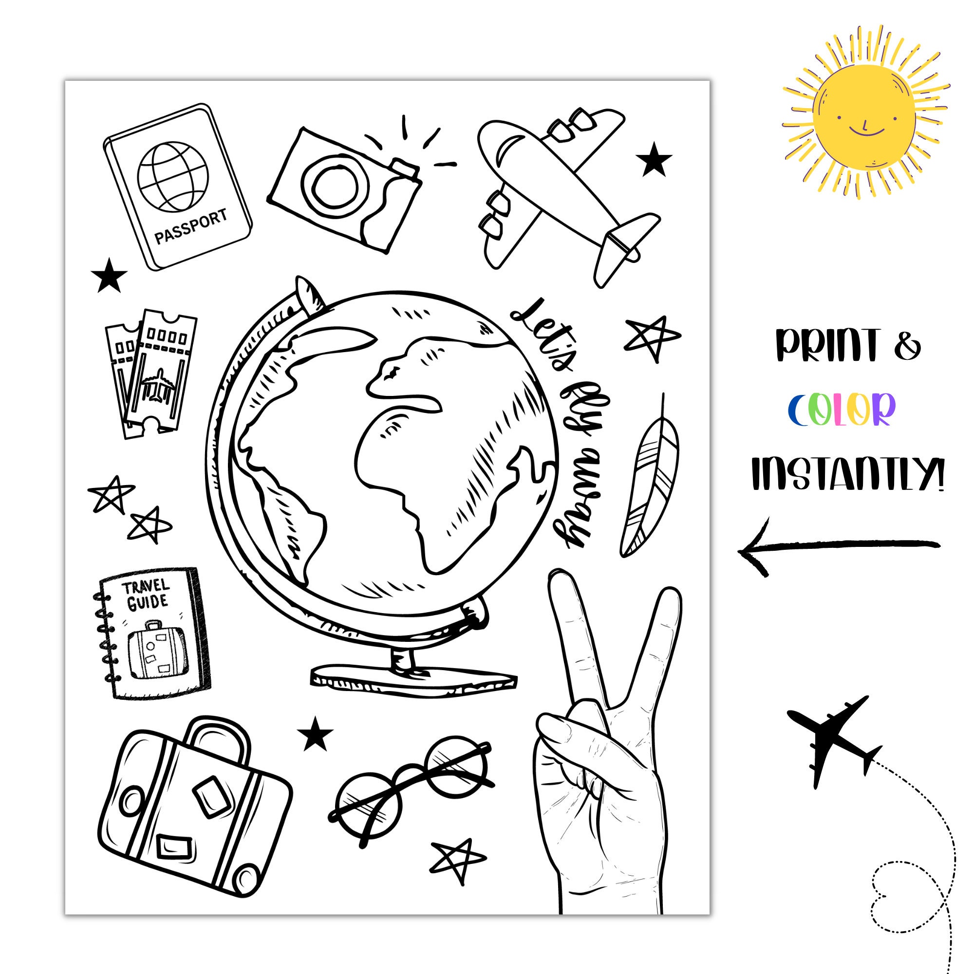 Printable Travel Coloring Page, Vacation Coloring Page for Kids and ...
