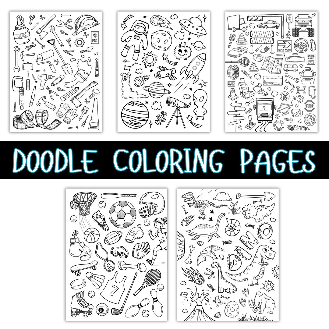 5 Printable Doodle Coloring Pages, Fun Themes Dinosaurs, Sports, Cars ...