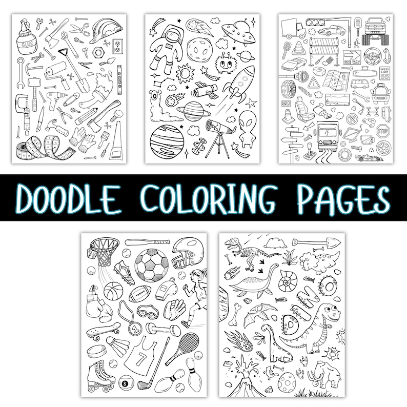 5 Printable Doodle Coloring Pages, Fun Themes Dinosaurs, Sports, Cars ...