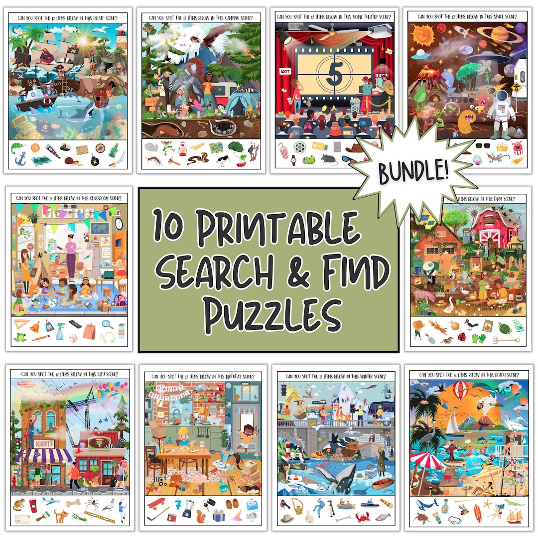 Search & Find Printable Puzzles for Kids Bundle, 10 Hidden Picture ...