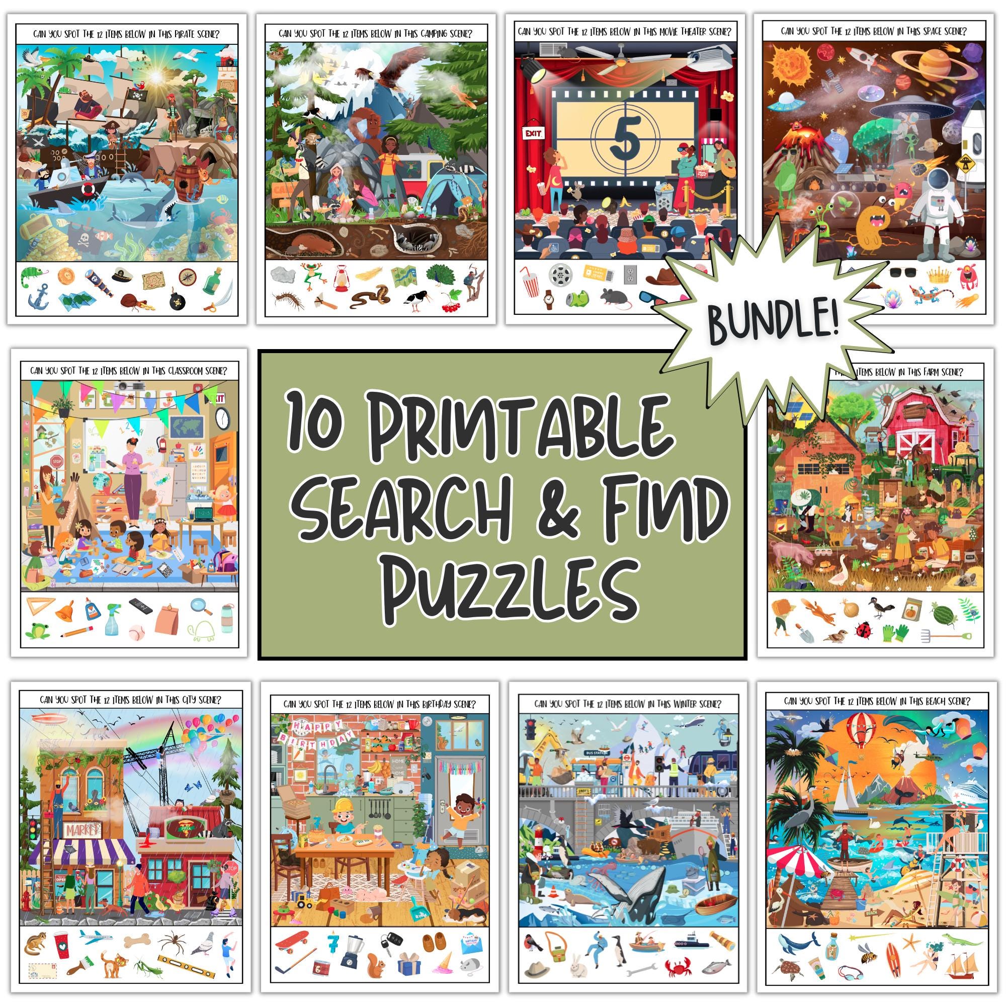 Search & Find Printable Puzzles for Kids Bundle, 10 Hidden Picture ...