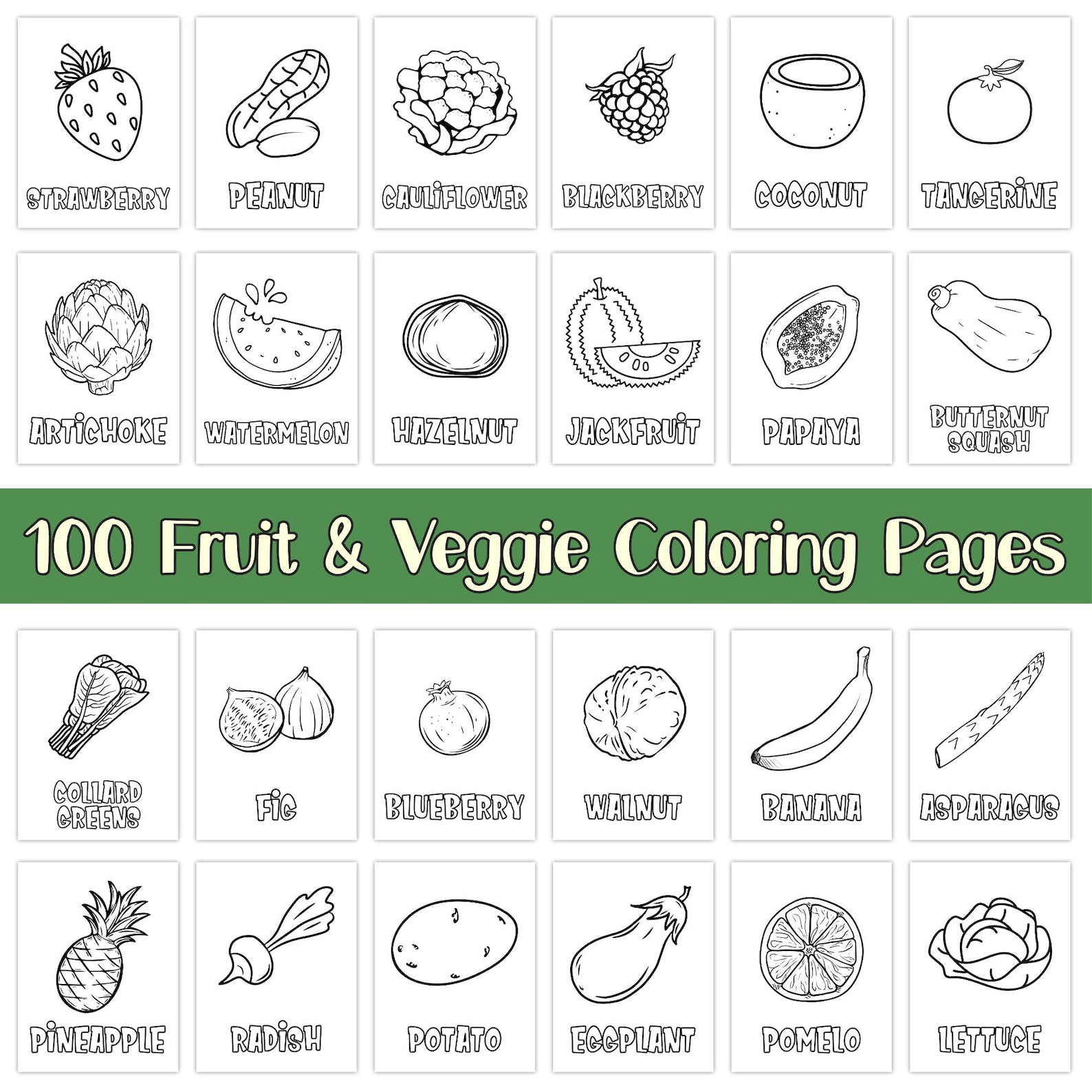 100 Printable Fruit and Veggie Coloring Pages for Kids, Labeled ...