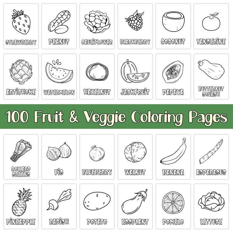 100 Printable Fruit and Veggie Coloring Pages for Kids, Labeled ...