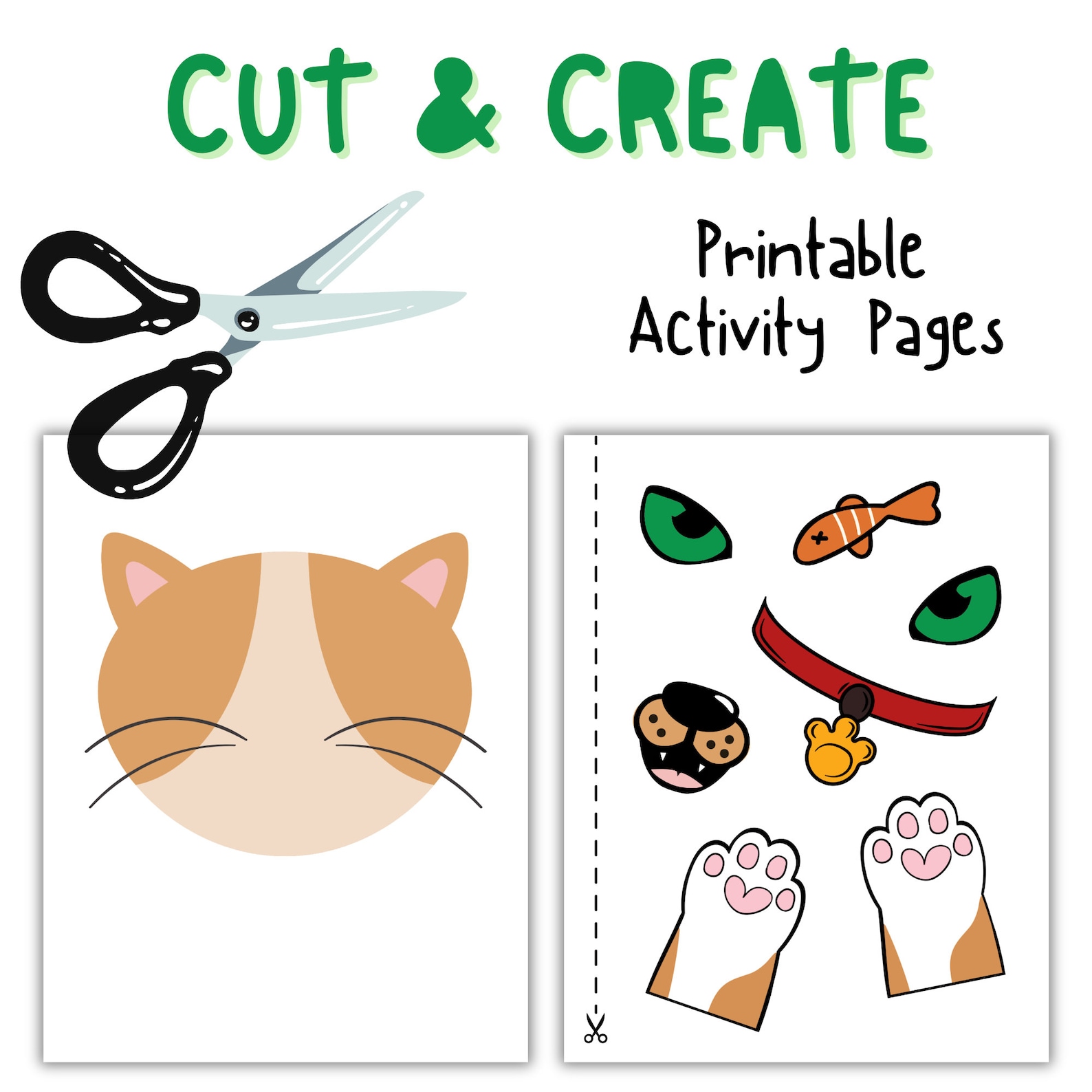 Cat Craft for Kids, Printable Cut and Paste Activity, Cat Face Assembly ...