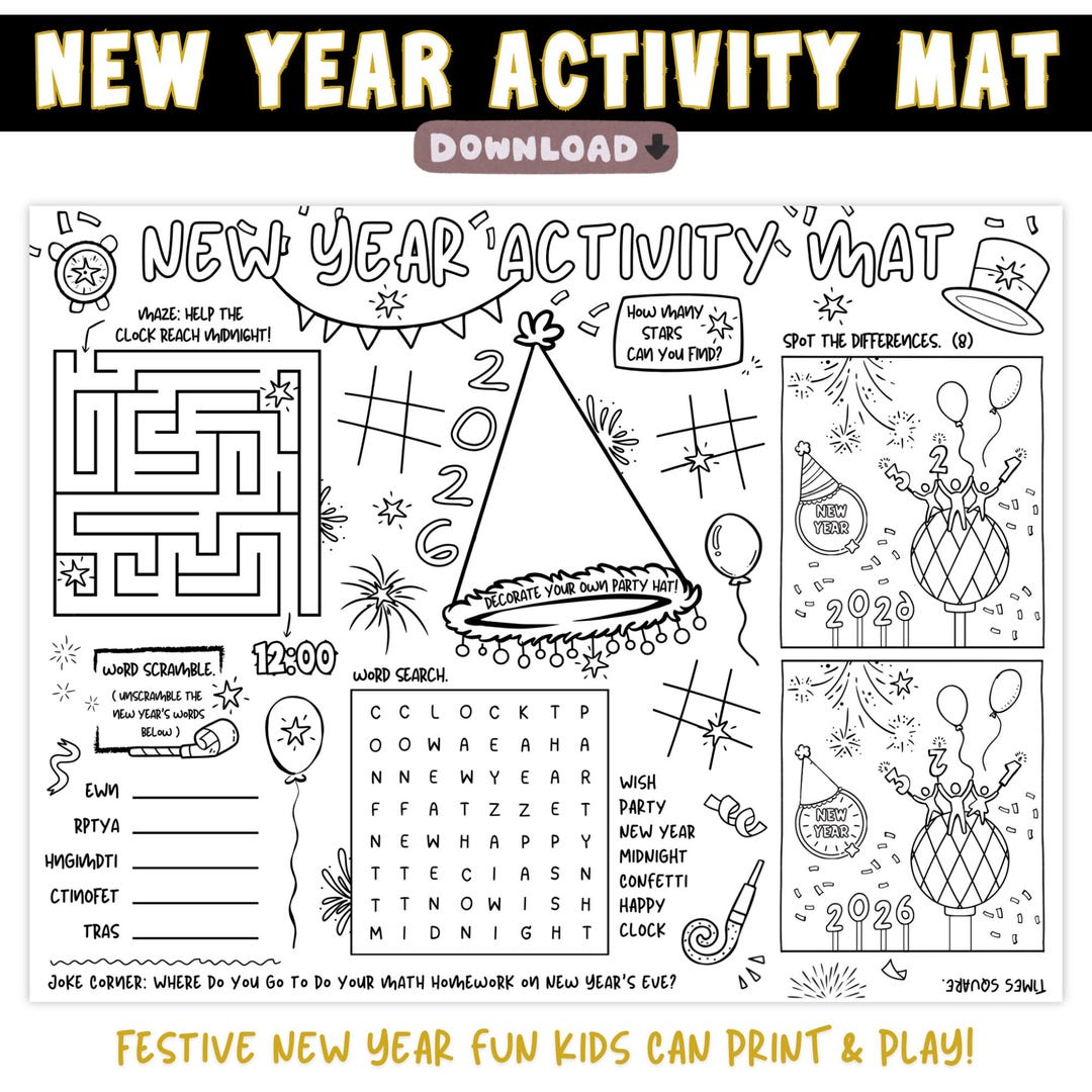 New Year Activity Mat for Kids, Printable New Years Placemat, Word ...