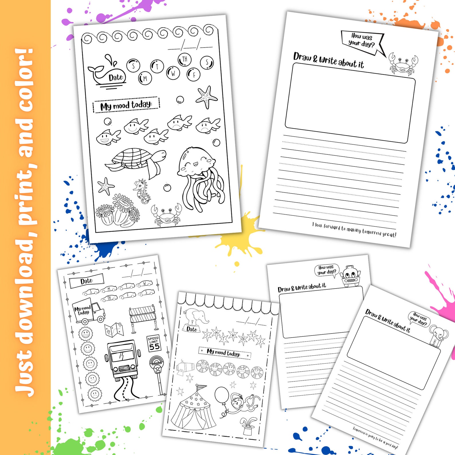 Kids Printable Mood Trackers and Daily Journal Pages With Handwriting ...