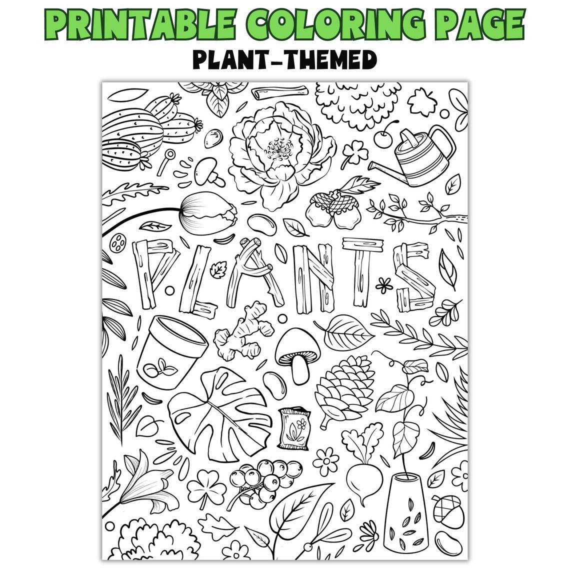 Printable Plants Doodle Coloring Page, Botanical Illustration, Instant ...