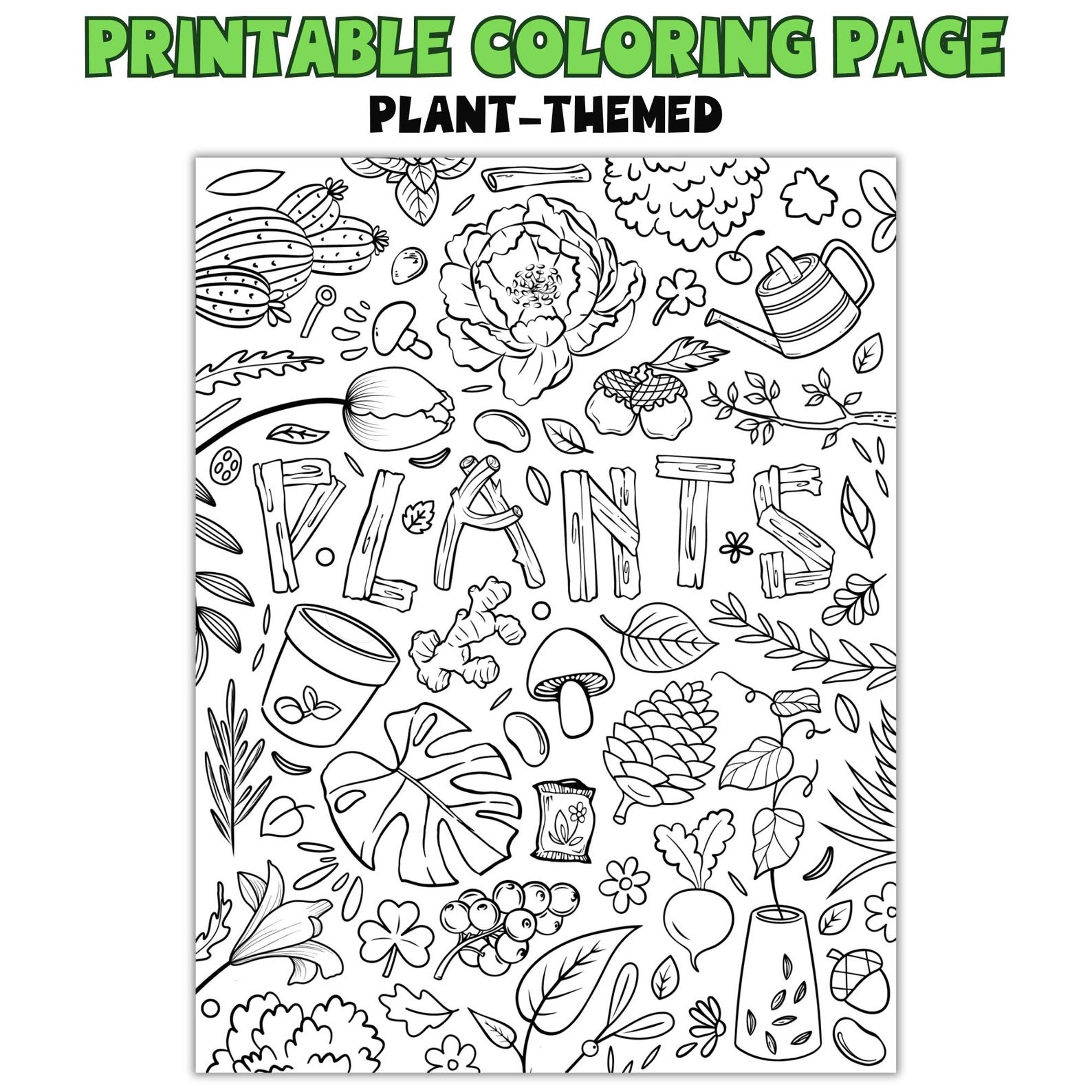 Printable Plants Doodle Coloring Page, Botanical Illustration, Instant ...