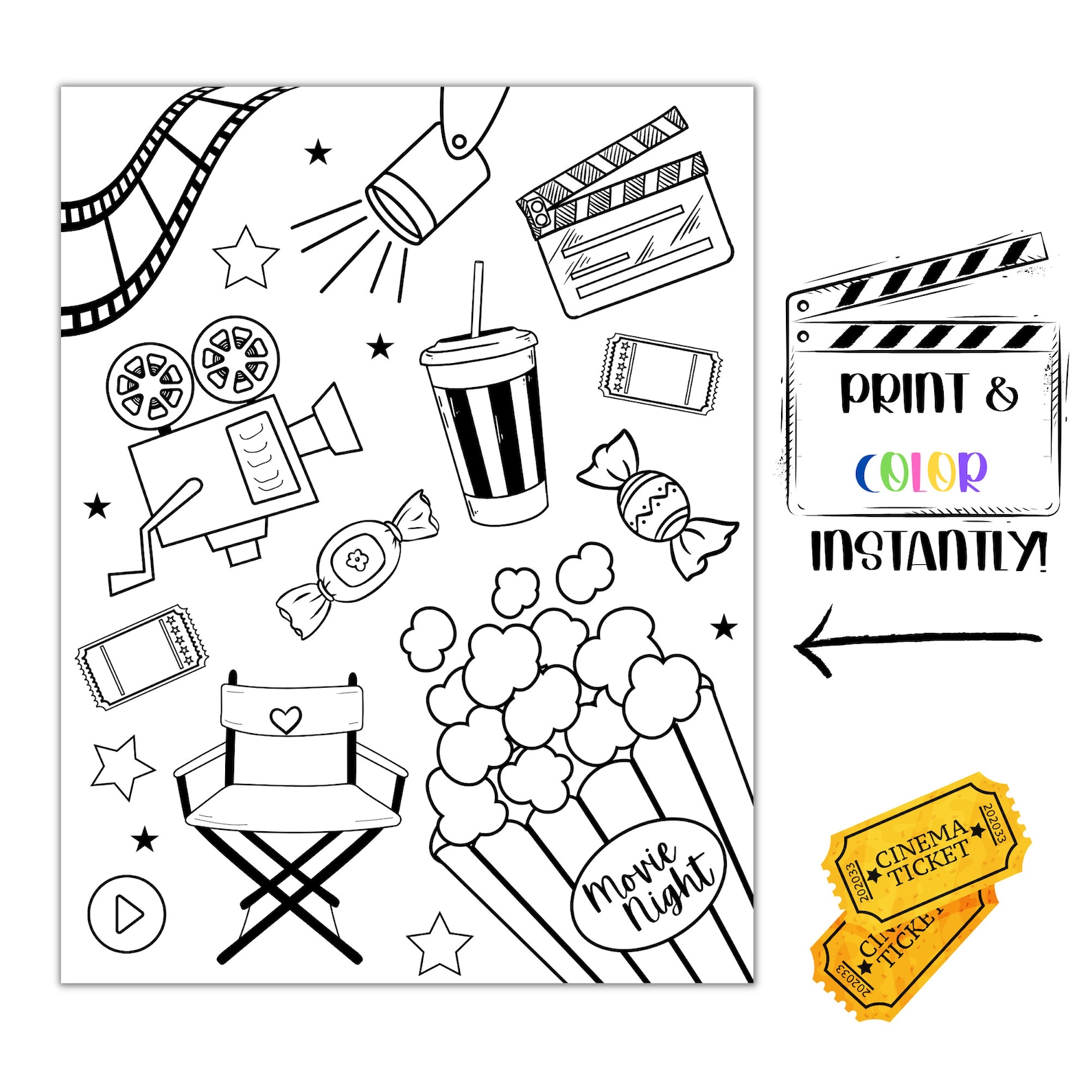 Printable Movie Night Coloring Page, Cinema Coloring Page for Kids and ... Printable Movie Night Coloring Page, Cinema Coloring Page for Kids and ...