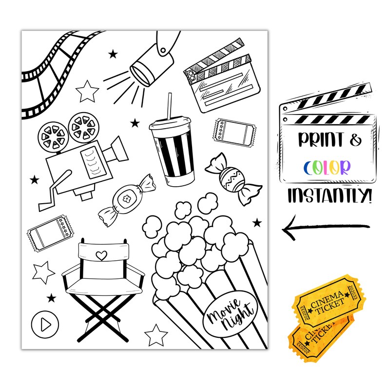 Printable Movie Night Coloring Page, Cinema Coloring Page for Kids and ...