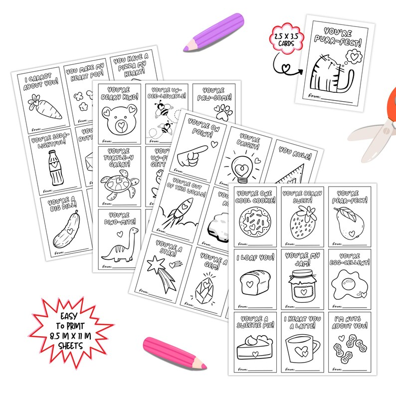 Valentine’s Day Coloring Cards for Kids, 36 Printable Valentine Cards ...