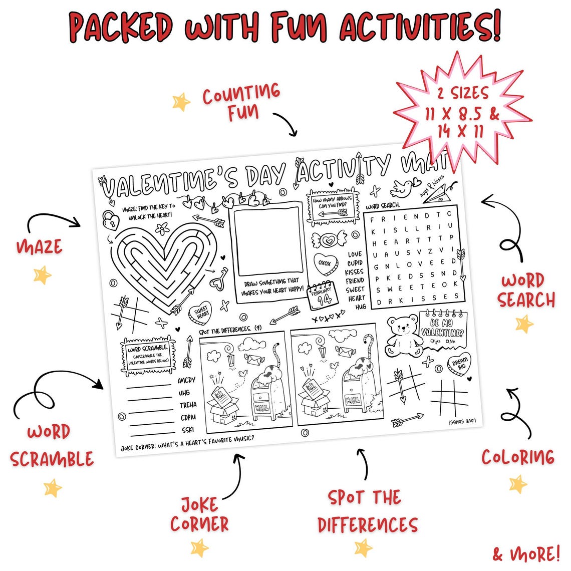 Valentine’s Day Activity Placemat for Kids, Printable Valentine Maze ...