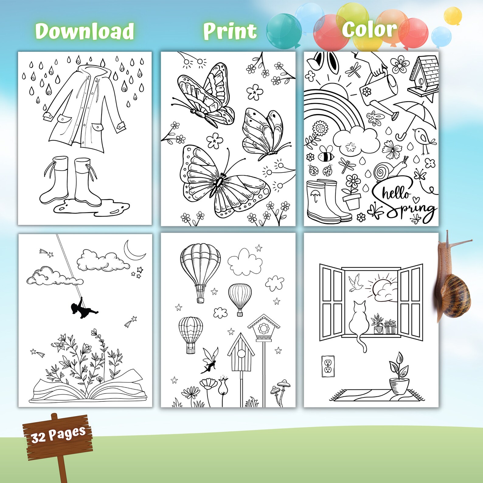 Printable Spring Coloring Pages, 32 Hello Spring Coloring Pages - Etsy