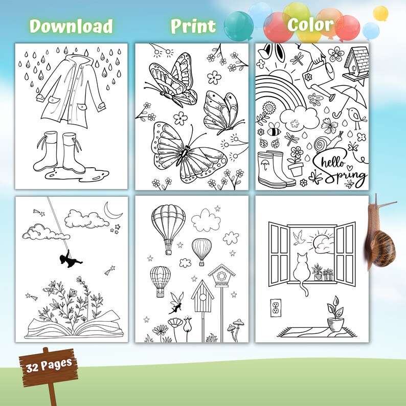 Printable Spring Coloring Pages, 32 Hello Spring Coloring Pages - Etsy