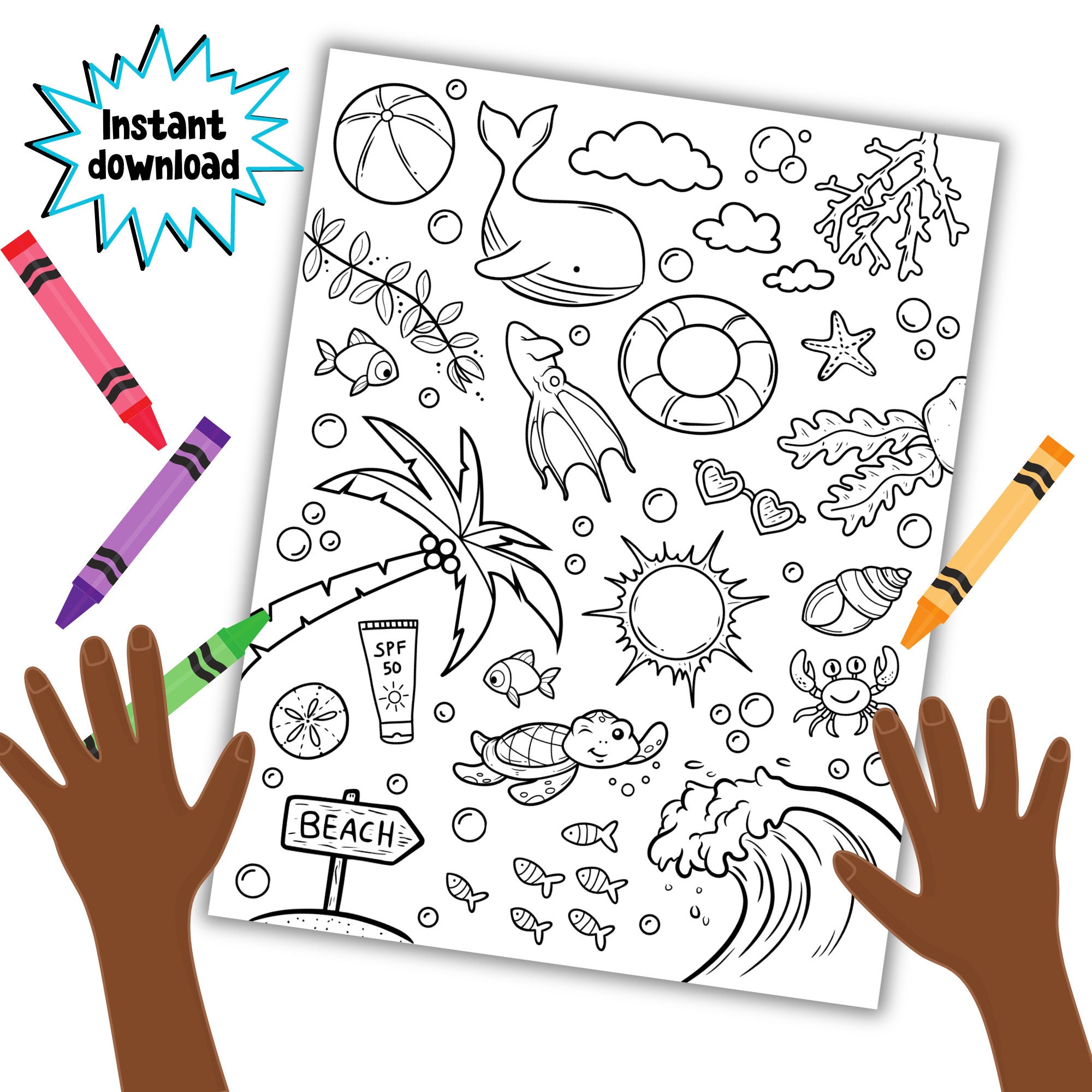Beach Coloring Page, Printable Kids Activities - Etsy