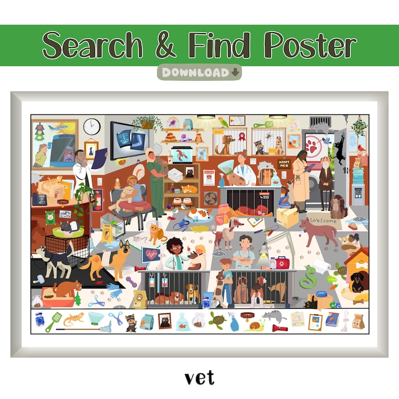 Printable Vet-themed Search and Find Wall Art for Kids, Fun Animal ...