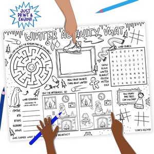 Winter Activity Placemat for Kids, Printable Maze, Word Search, Word ...