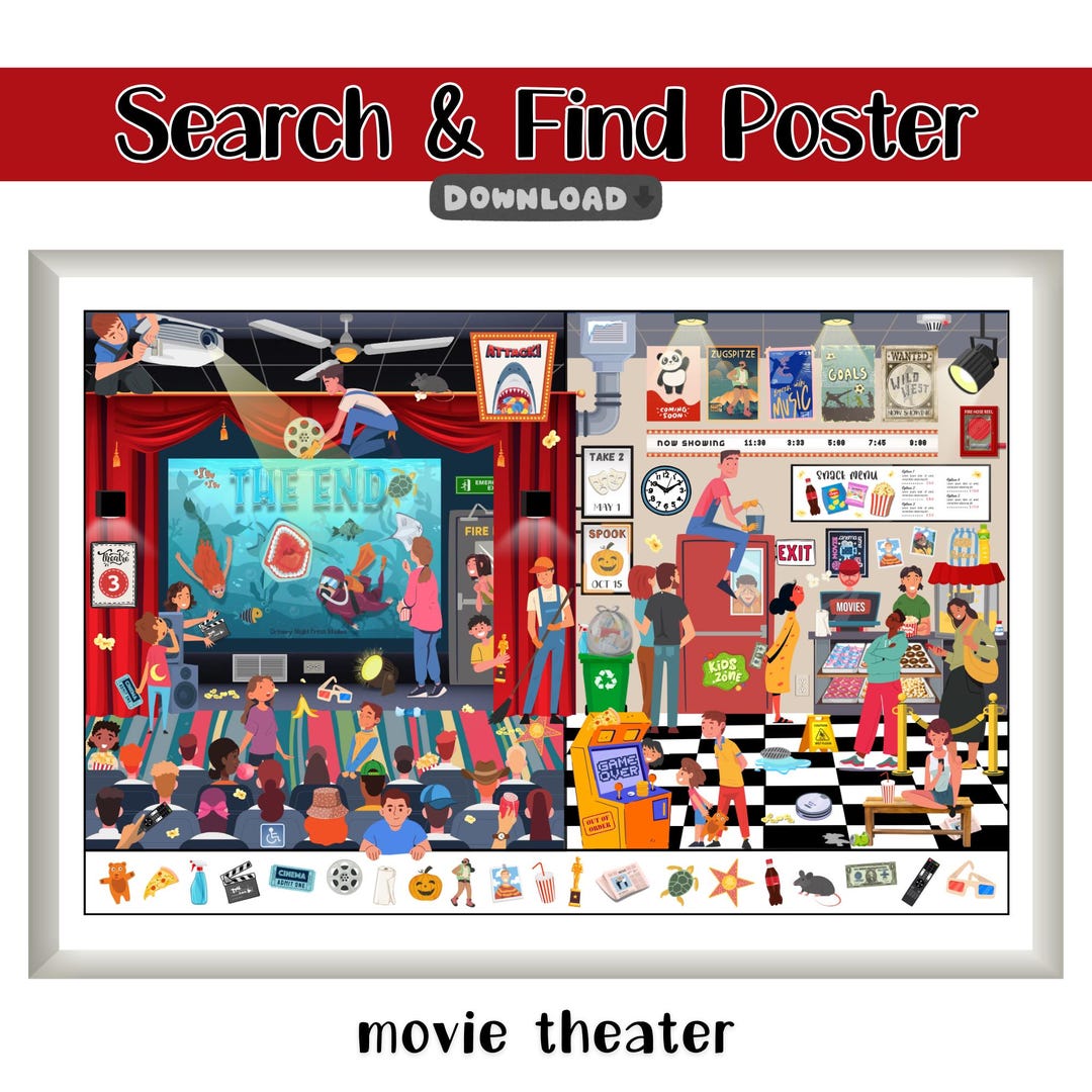 Kids Printable Seek and Find Poster, Movie Theater-themed I Spy Wall ...