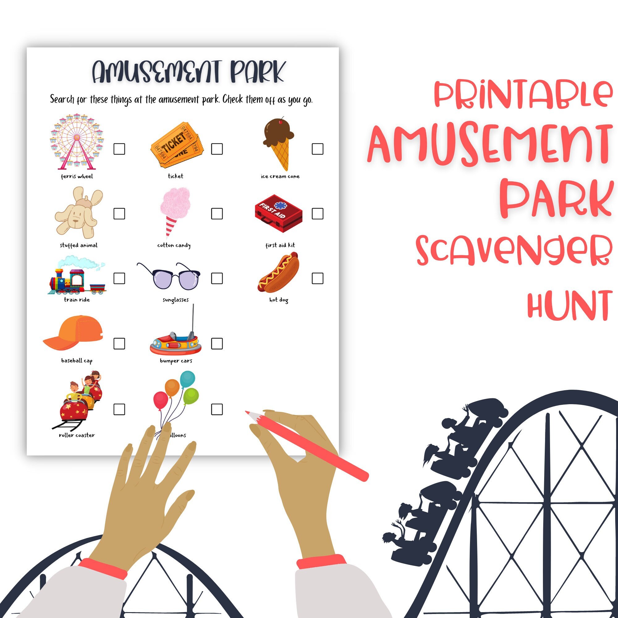 Printable Amusement Park Scavenger Hunt, Kids Treasure Hunt, Print at ...