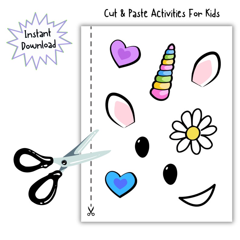 Unicorn Cut and Paste Activity, Printable Craft for Kids, Unicorn Face ...