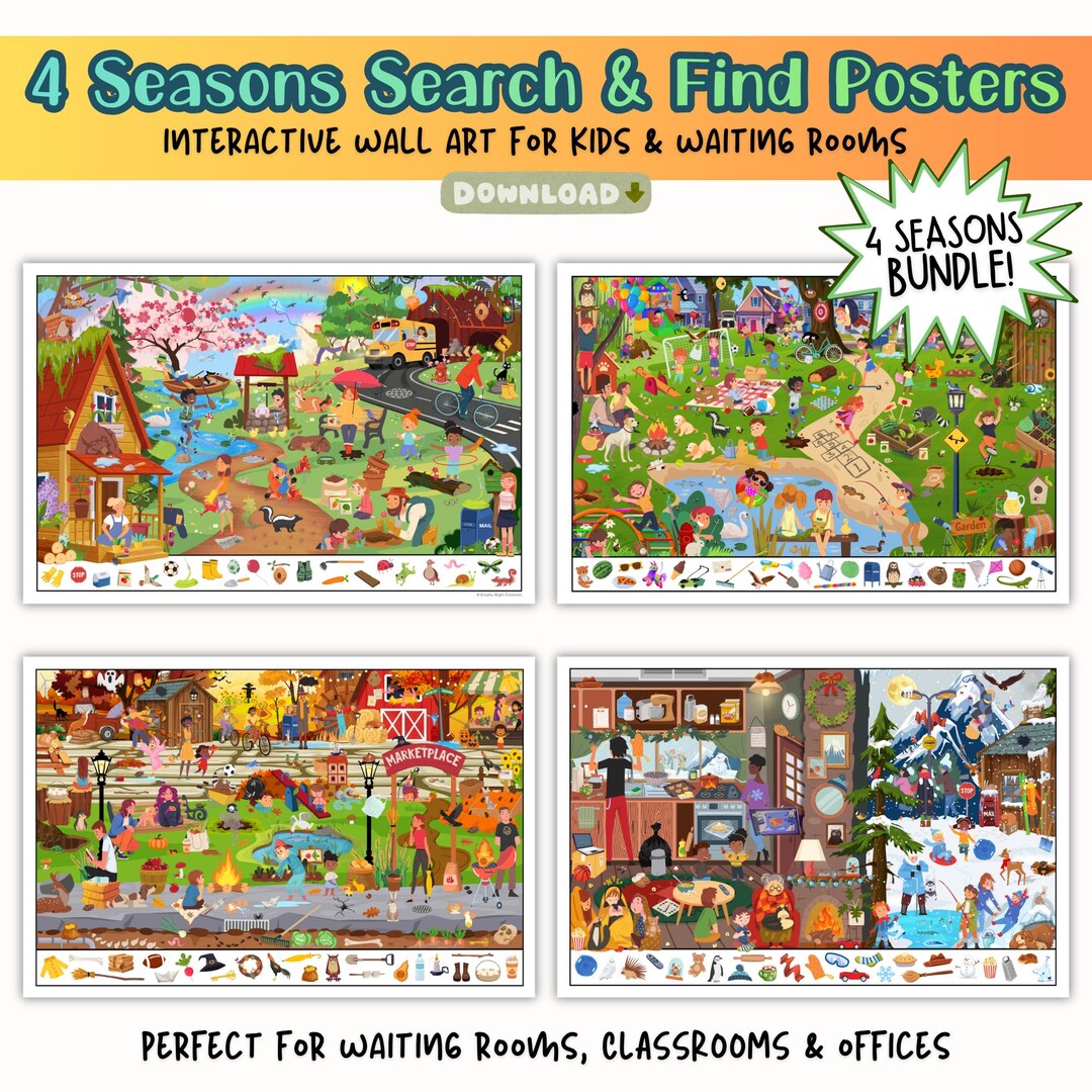 4 Seasons Search and Find Posters Bundle, Kids Printable Wall Art ...