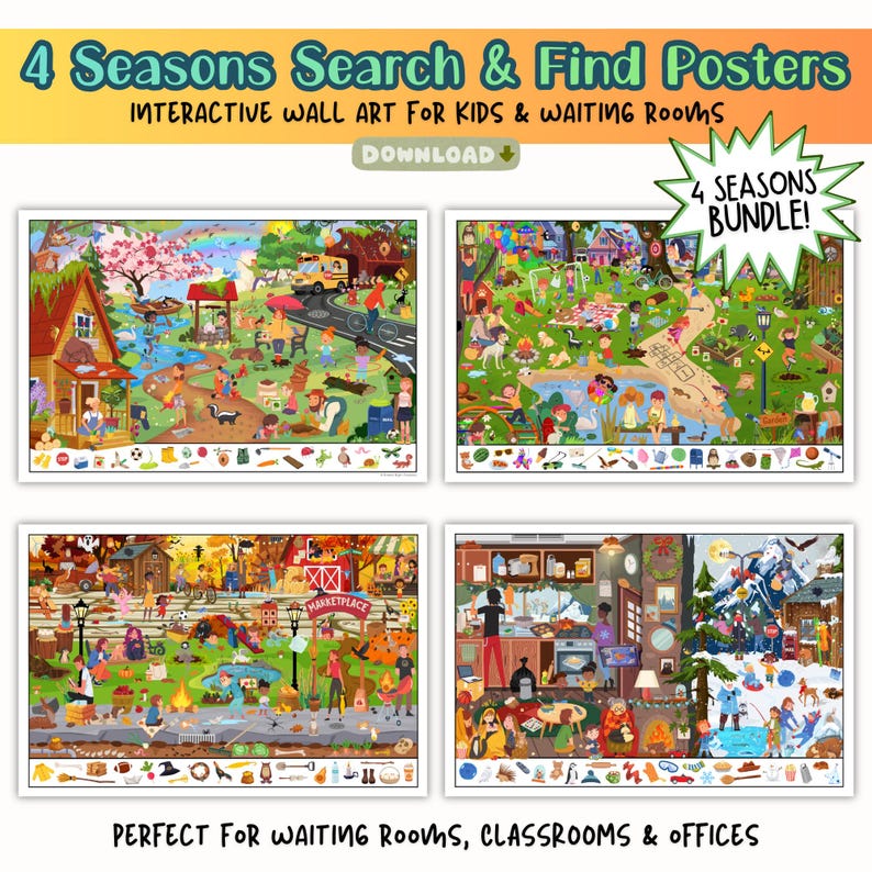 4 Seasons Search and Find Posters Bundle, Kids Printable Wall Art ...
