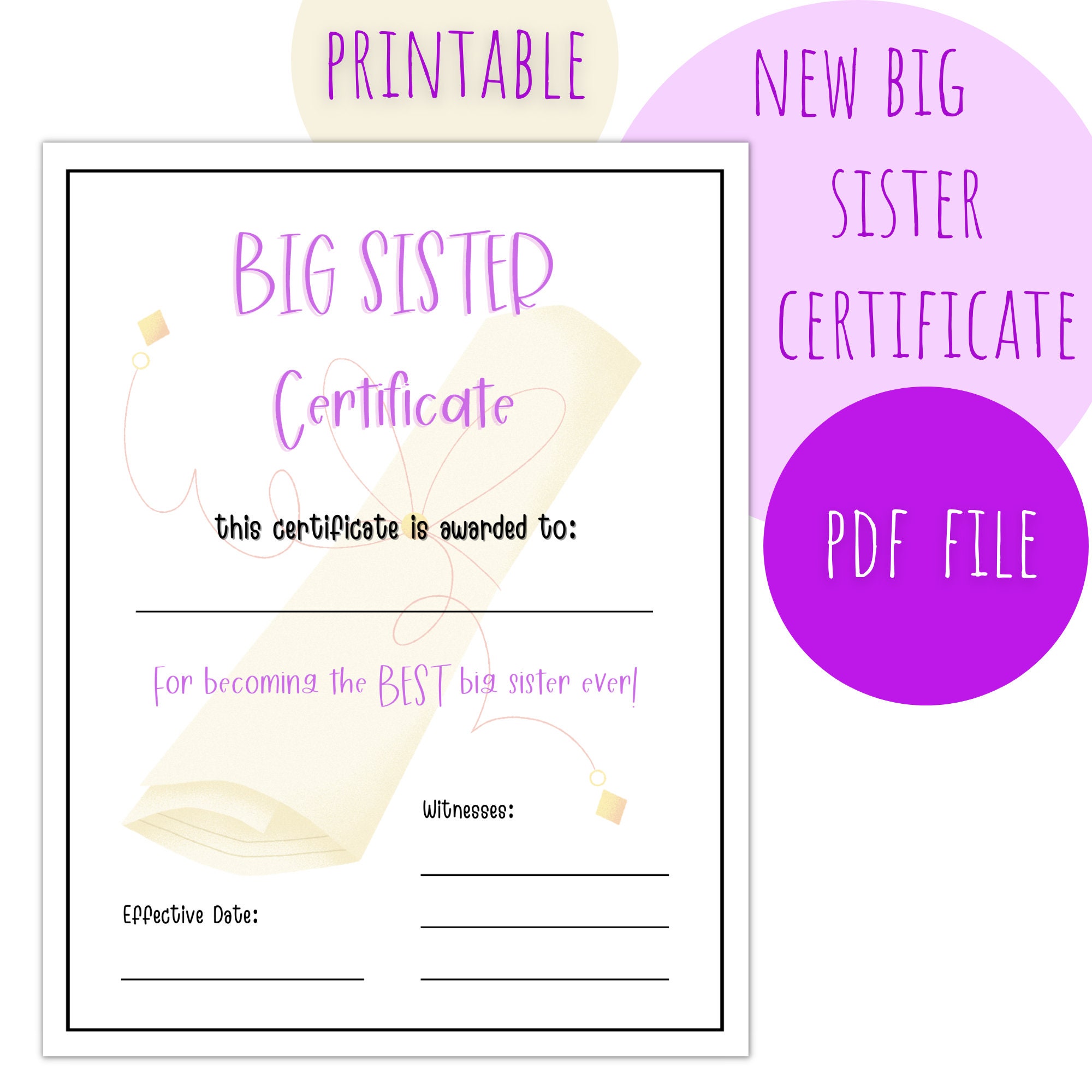 New Big Sister, Printable Certificate, Gift for Big Sister, Baby ...