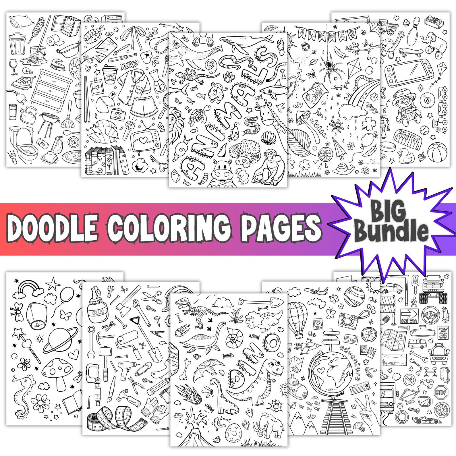 Doodle Coloring Pages Big Bundle, 20 Fun and Unique Coloring Sheets for ...