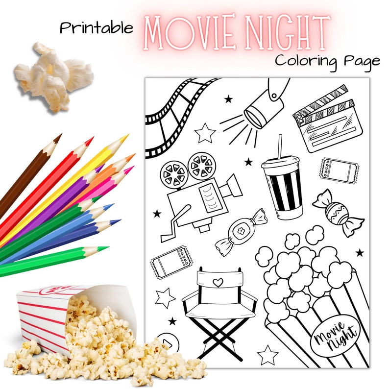 Printable Movie Night Coloring Page, Cinema Coloring Page for Kids and ...